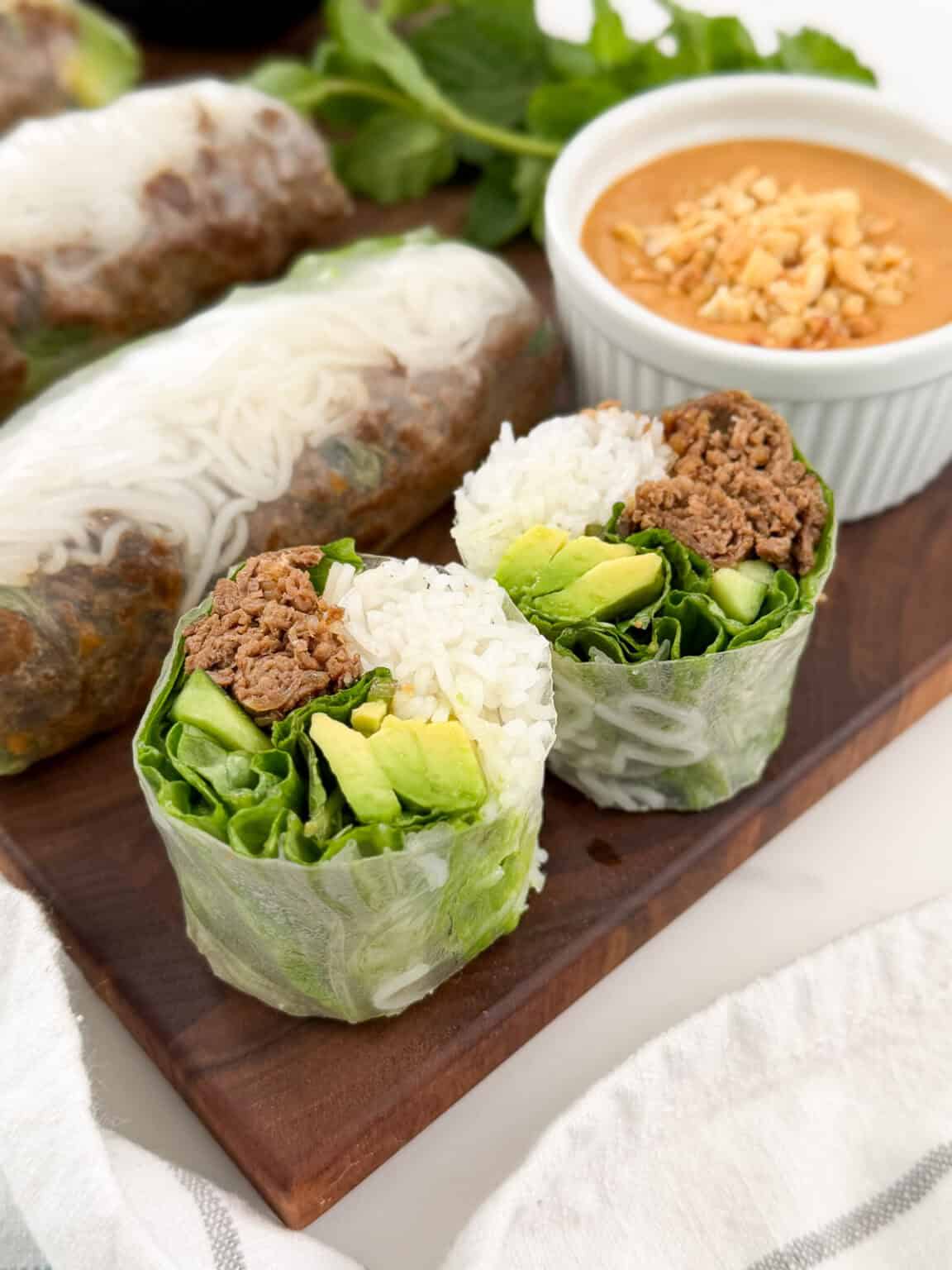 Thai Beef Rice Paper Rolls with Peanut Lime Sauce - Herman at Home